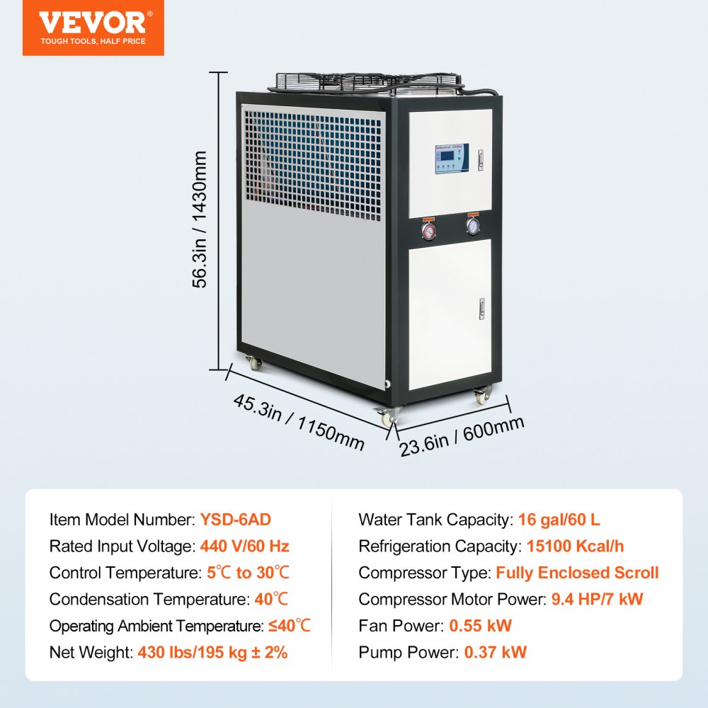 VEVOR Industrial Water Chiller, 9.4HP 16 Gal Air-Cooled Industrial ...