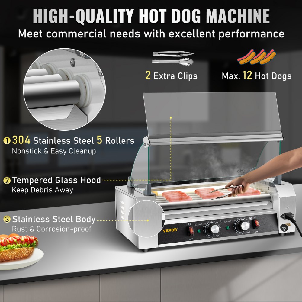 VEVOR Hot Dog Roller, 12 Hot Dog Capacity 5 Rollers, 750W Stainless ...