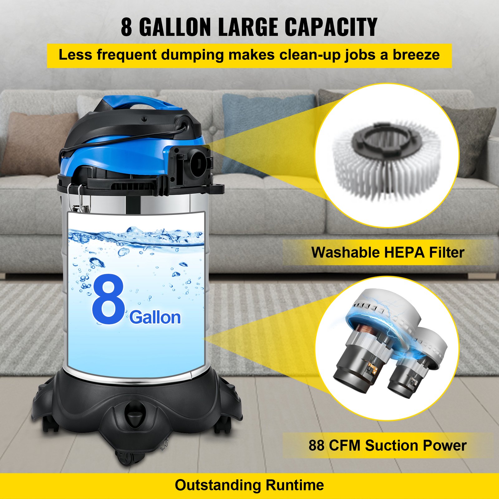 VEVOR Dust Extractor, 8 Gallon Wet & Dry HEPA Filter, Automatic Dust ...