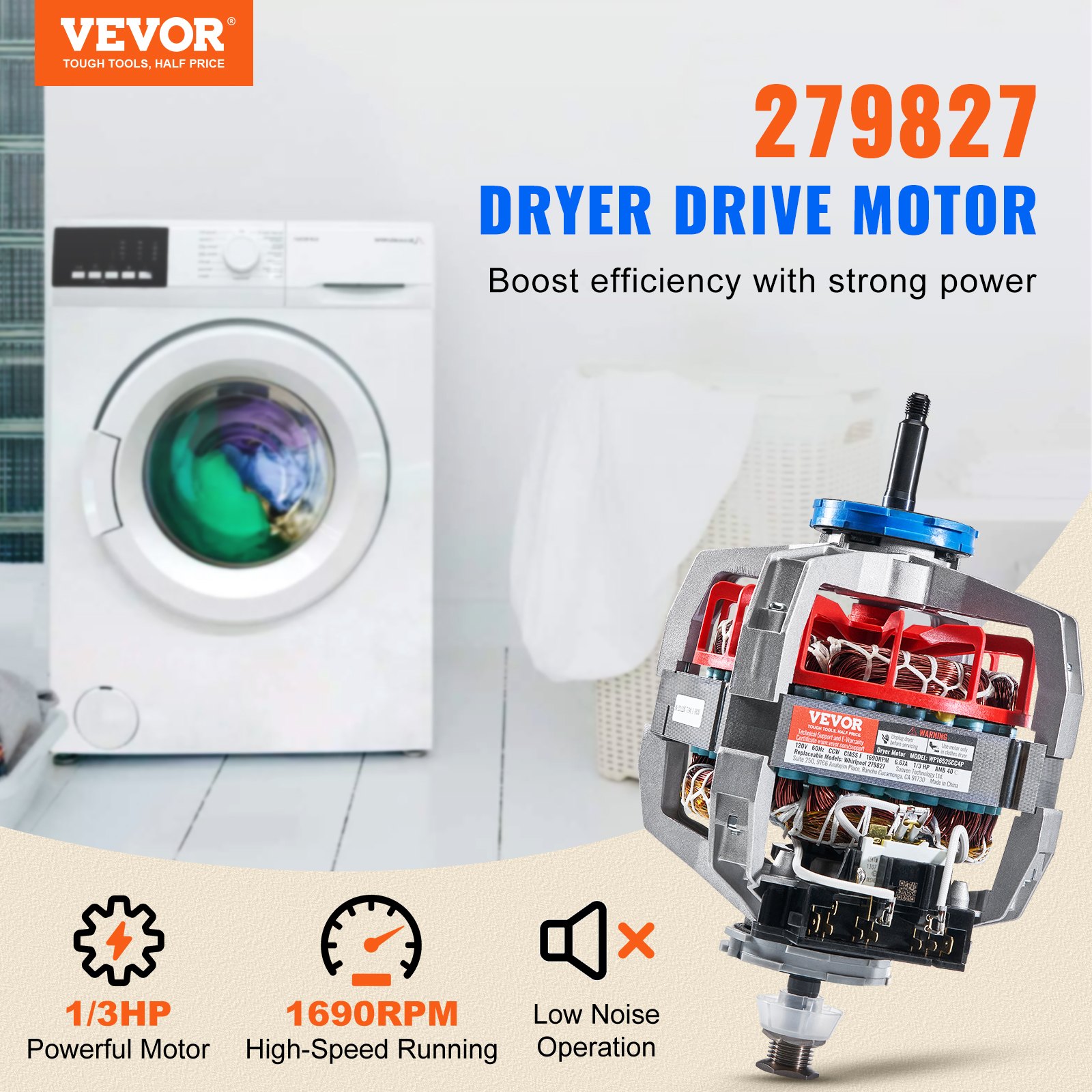 VEVOR 279827 Dryer Motor, Compatible with Kenmore, Whirlpool ...