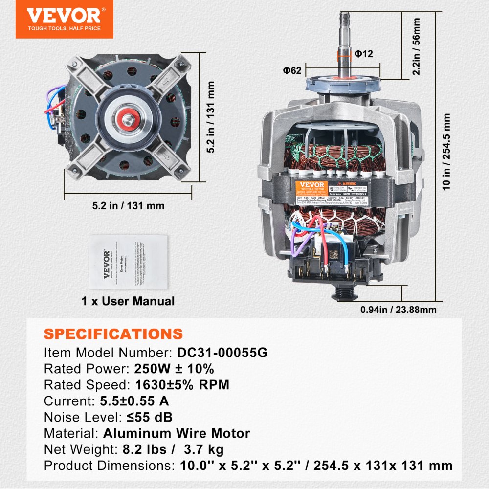 VEVOR DC31-00055G Dryer Drive Motor, 1/3HP, 1630RPM, Compatible with ...