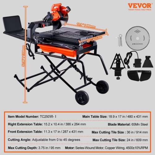 VEVOR Wet Tile Saw with Stand, 10-inch 65Mn Steel Blade, 4500 RPM Motor ...