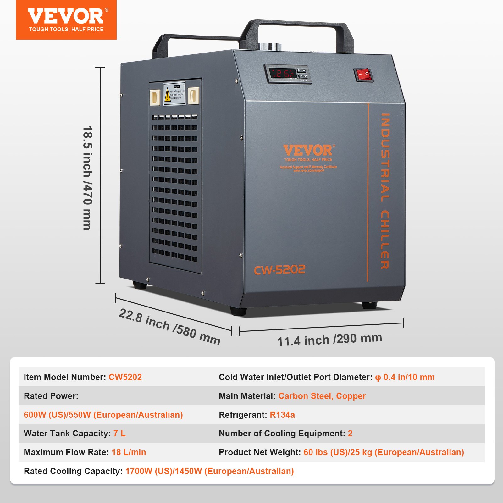 VEVOR Industrial Water Chiller, CW-5202, Water Chiller Cooling System ...