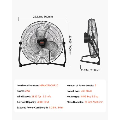 20 Inch Floor Fan 3 Speeds 360° Adjustable Tilt High-Velocity ...