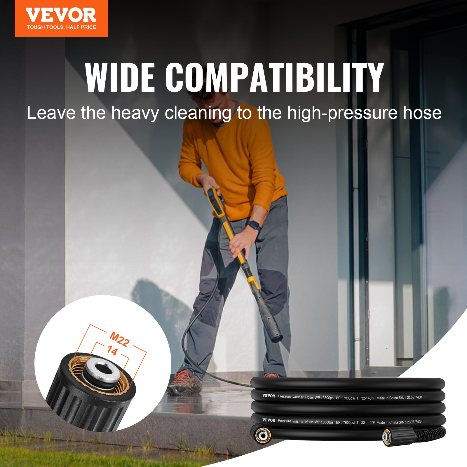VEVOR 25 FT 3600 PSI High Pressure Power Washer Hose 1/4" Quick ...