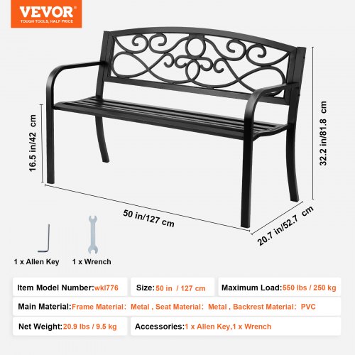 VEVOR Outdoor Bench, 50 inches Metal Garden Bench for Outdoors, 550 lbs ...