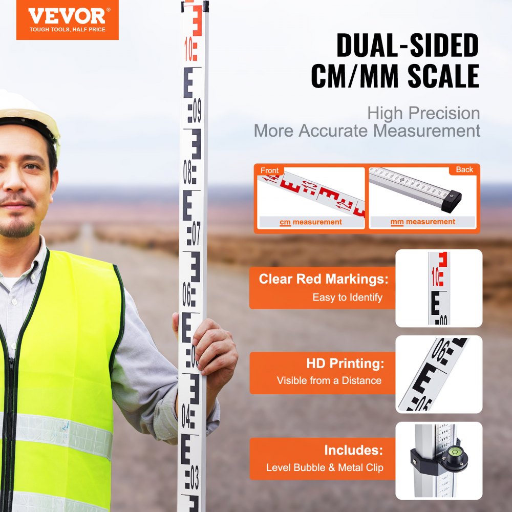 VEVOR Aluminum Grade Rod, 5M Metric Telescopic Measuring Rod, Double ...
