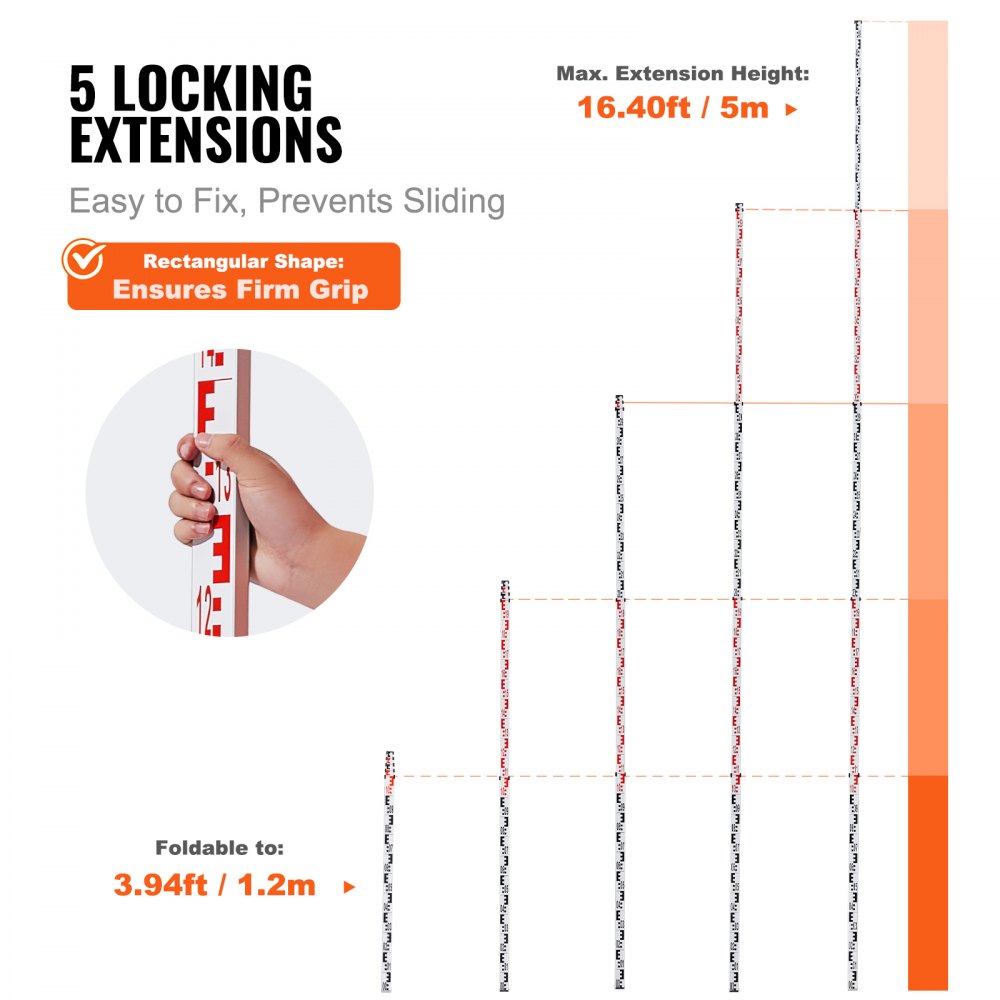 VEVOR Aluminum Grade Rod, 5M Metric Telescopic Measuring Rod, Double ...