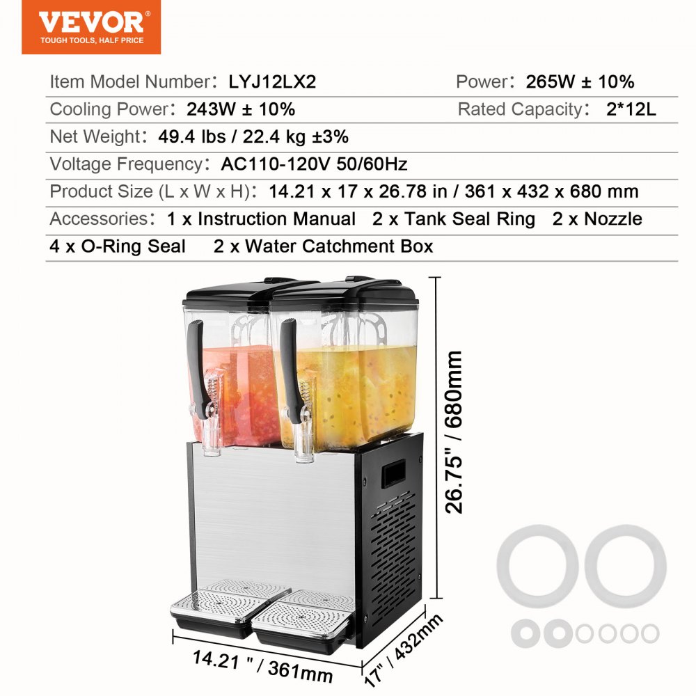VEVOR Commercial Beverage Dispenser 12L x 2 Tanks Cold Juice Ice Drink ...