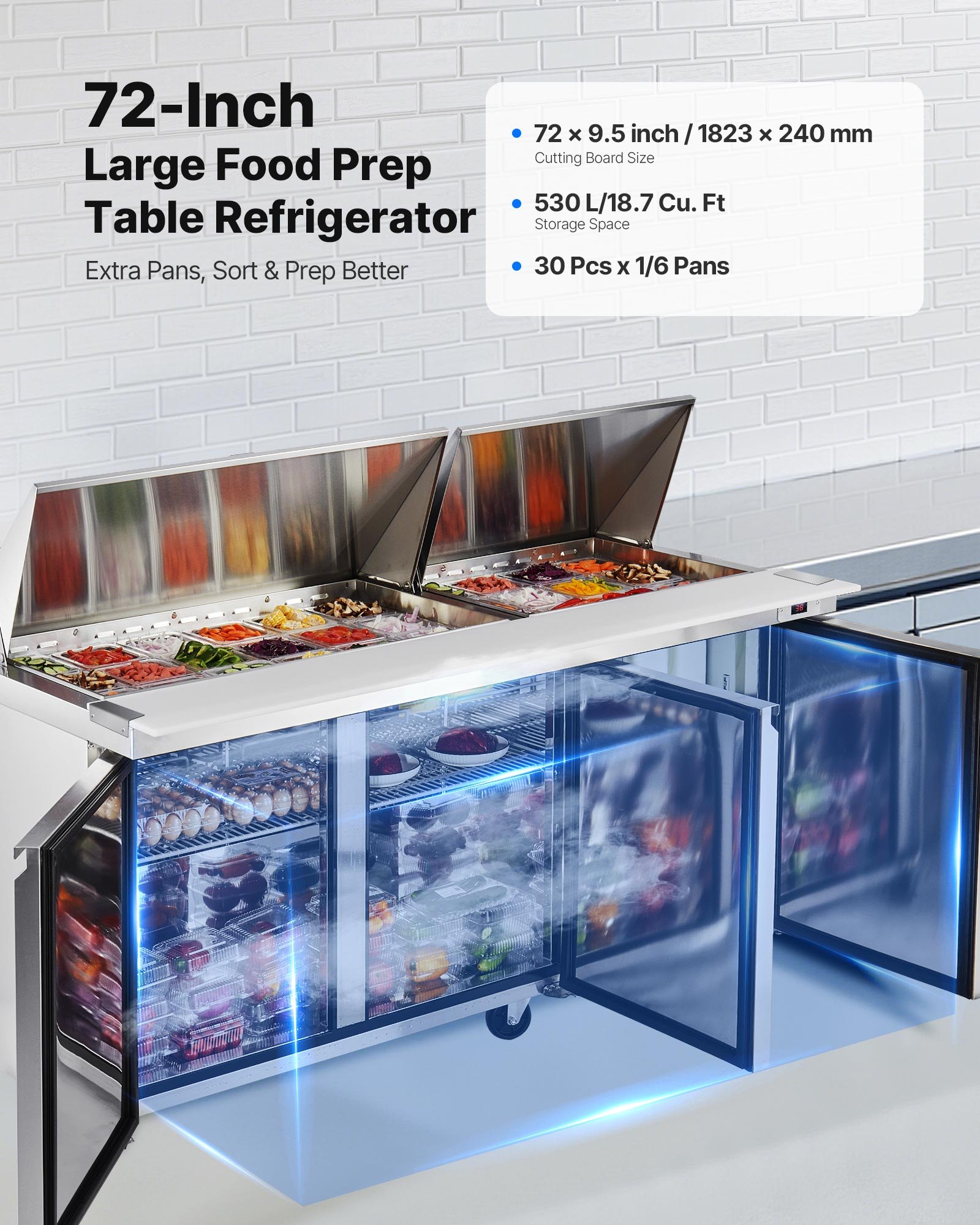 VEVOR Refrigerated Prep Table – 72", 18.7 Cu.Ft, 30 Pans
