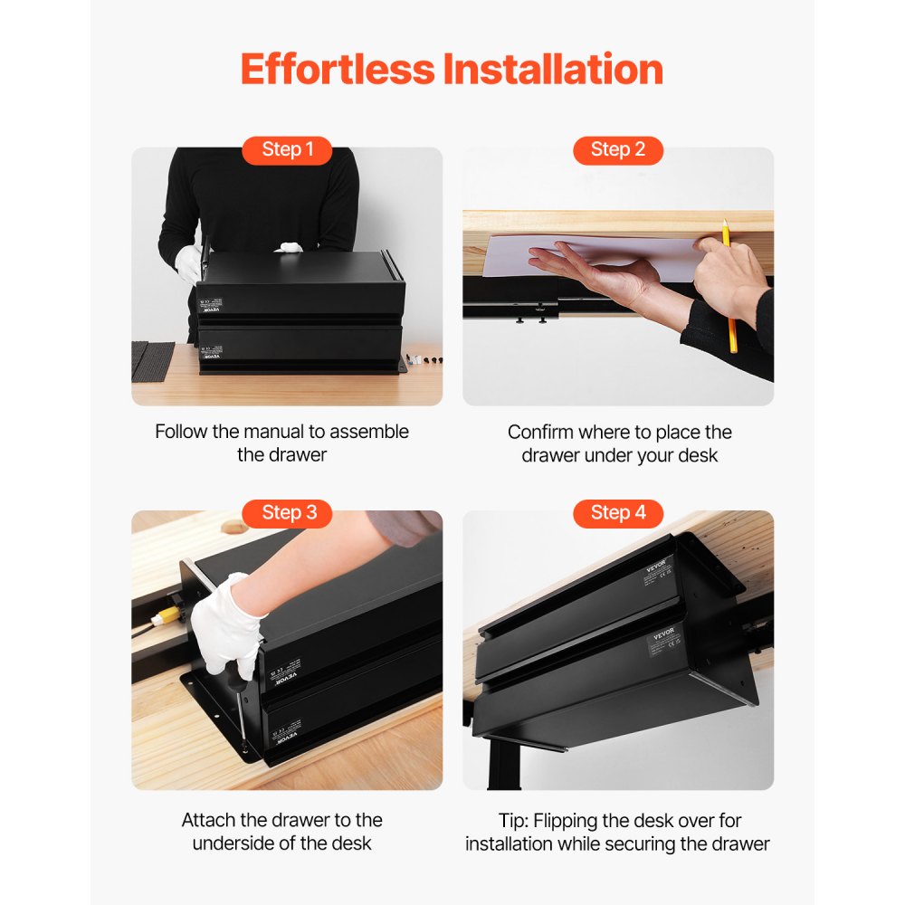 VEVOR 400mm Wide Under Desk Drawer Slide Out, Under Desk Mounted Pull ...
