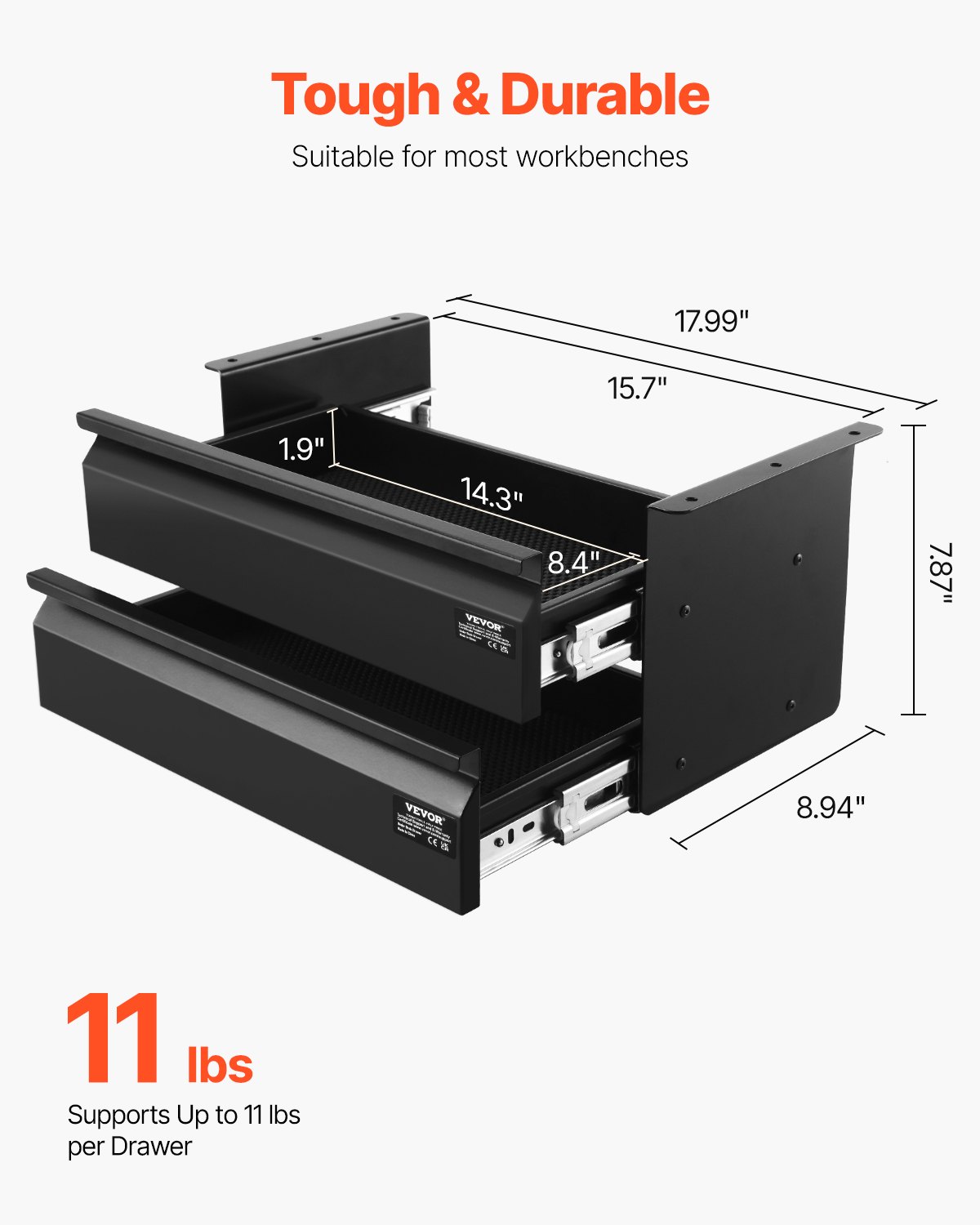 VEVOR 400mm Wide Under Desk Drawer Slide Out, Under Desk Mounted Pull ...