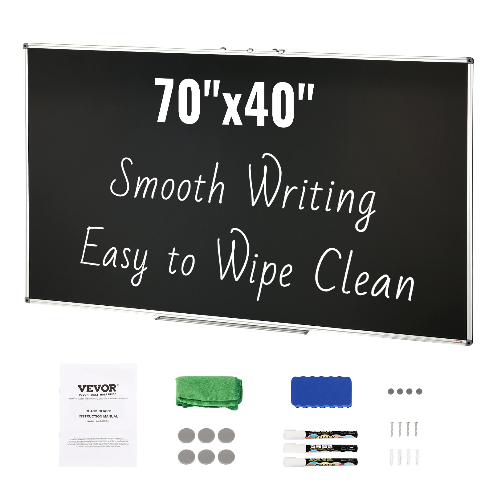 VEVOR Black Board, 70 x 40 inch Large Chalkboard with Aluminum Frame ...