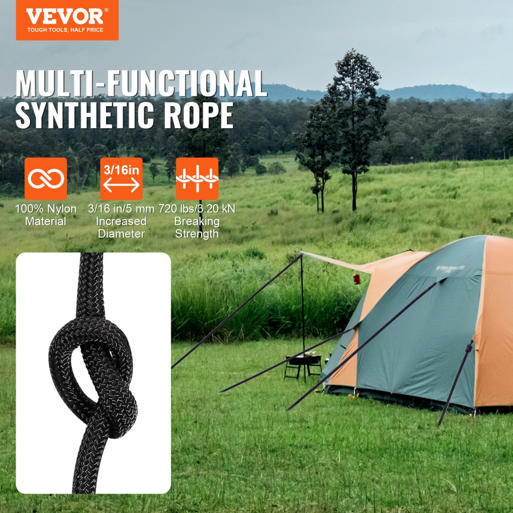 VEVOR Durable Nylon Cord, 3/16 inch x 1000 ft, 32-Strand Design, 720 ...