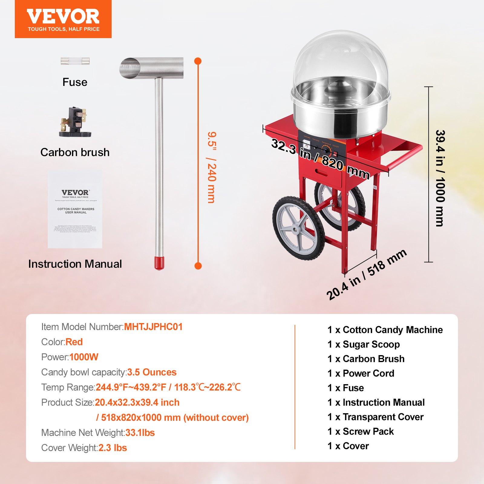 VEVOR Electric Cotton Candy Machine with Cart, 1000W Commercial Candy ...