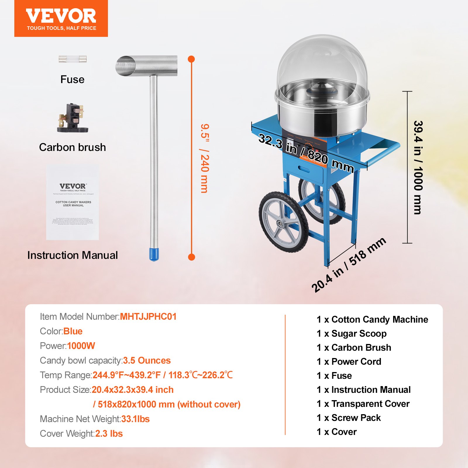 VEVOR Electric Cotton Candy Machine with Cart, 1000W Commercial Candy ...