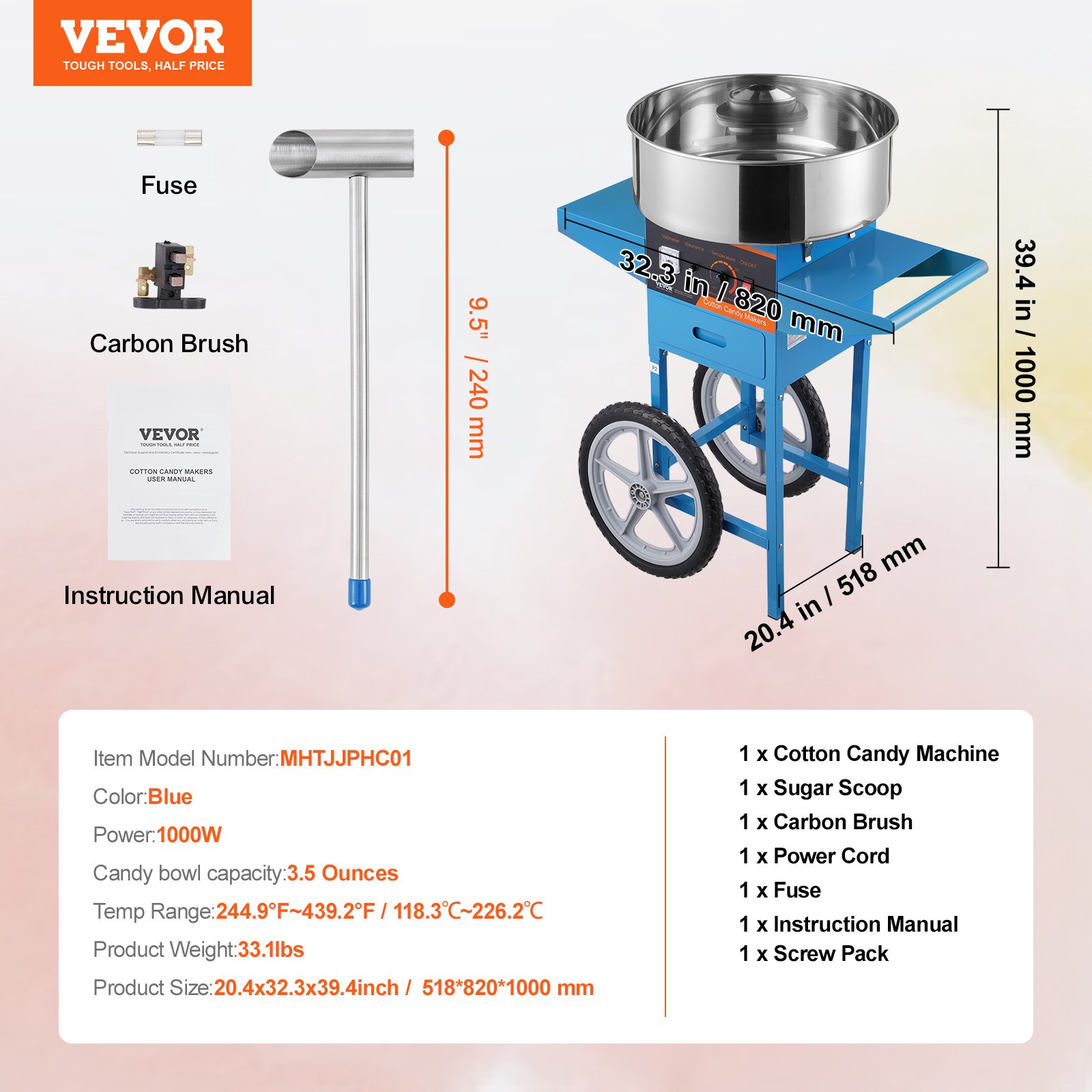 VEVOR Electric Cotton Candy Machine with Cart, 1000W Commercial Candy ...