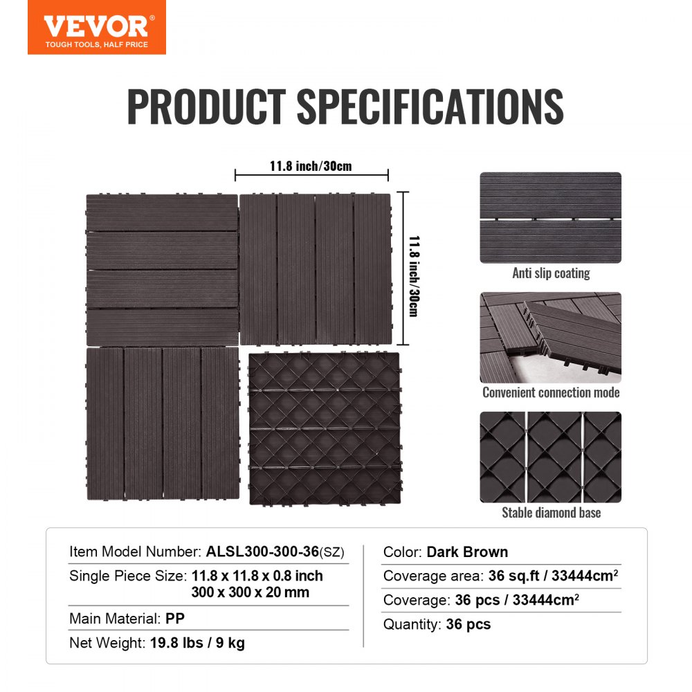 VEVOR Interlocking Deck Tiles 36 Pack 12"x12" Waterproof for Porch Dark ...