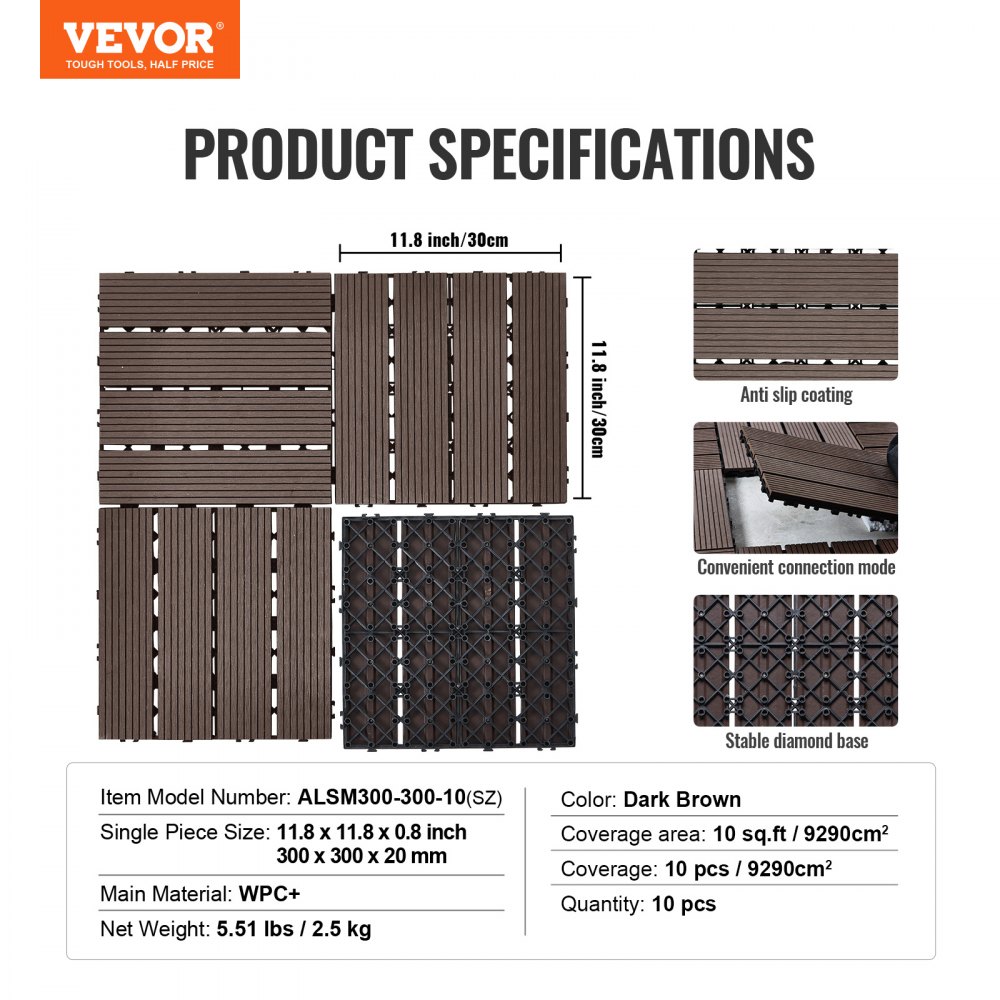 VEVOR Interlocking Deck Tiles Plastic Wood 10 Pack 12"x12" Waterproof ...