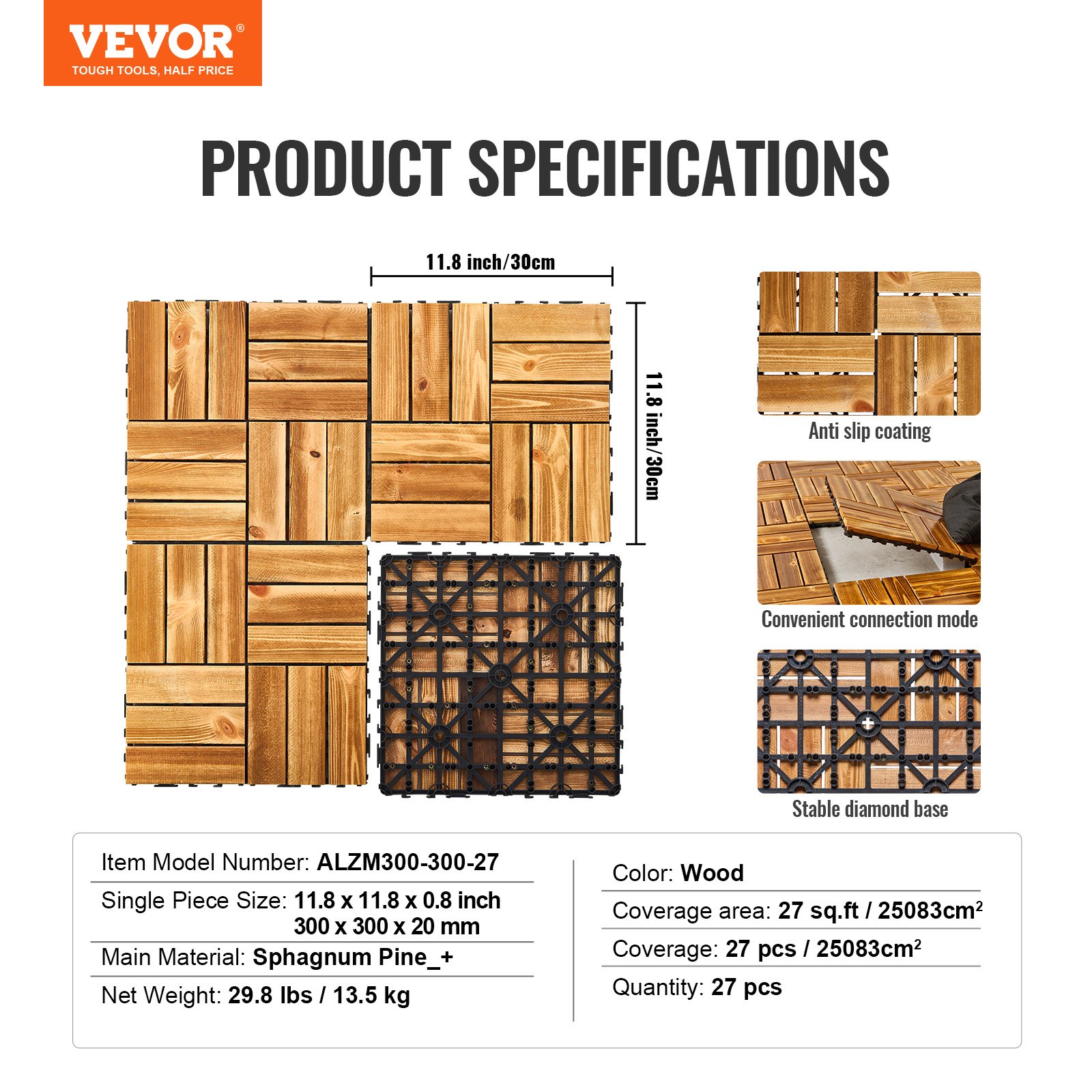 VEVOR Interlocking Deck Tiles Solid Wood 27 Pack 12"x12" Camphor Pine ...