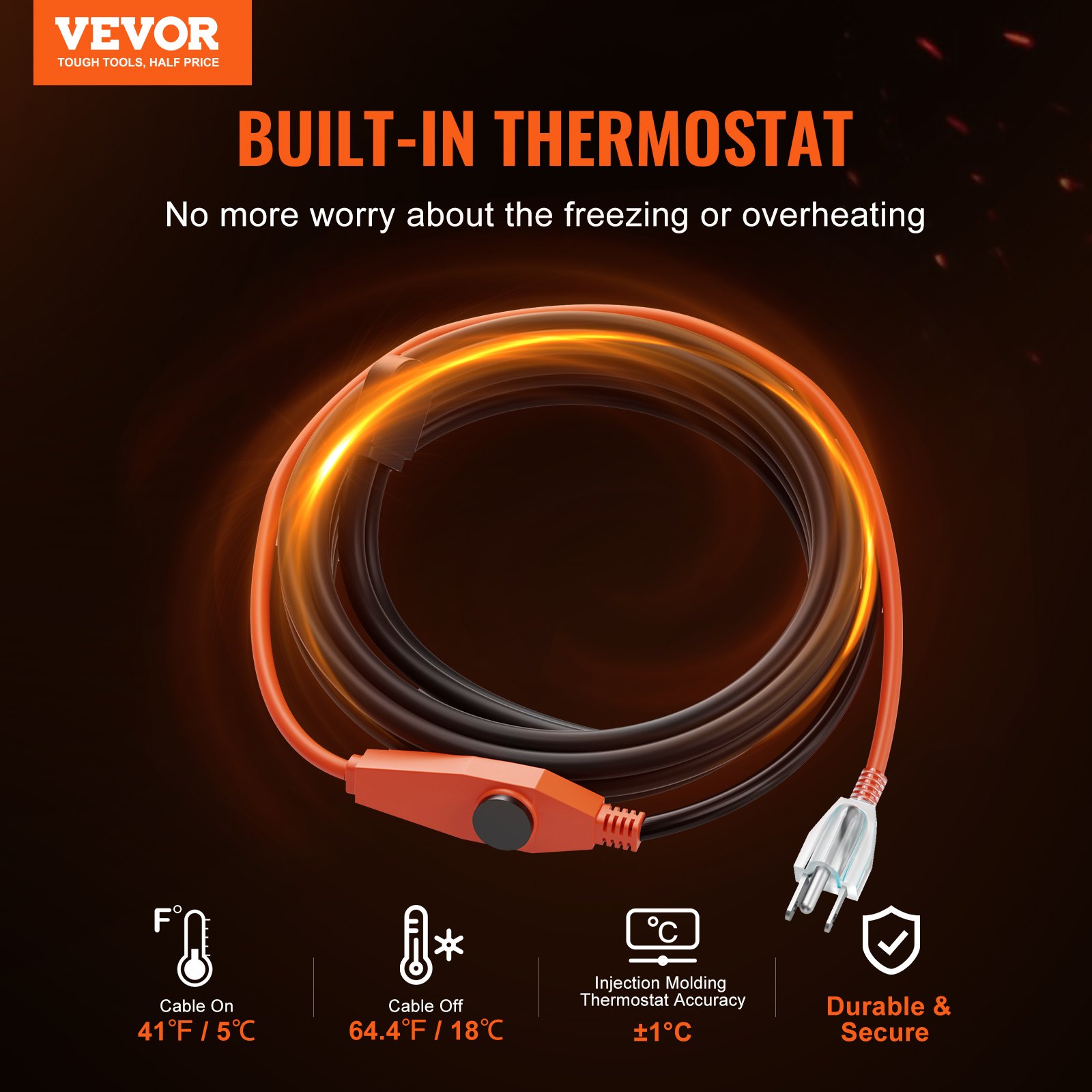 VEVOR Heated Cable for Pipes – 9FT Heat Tape with Thermostat