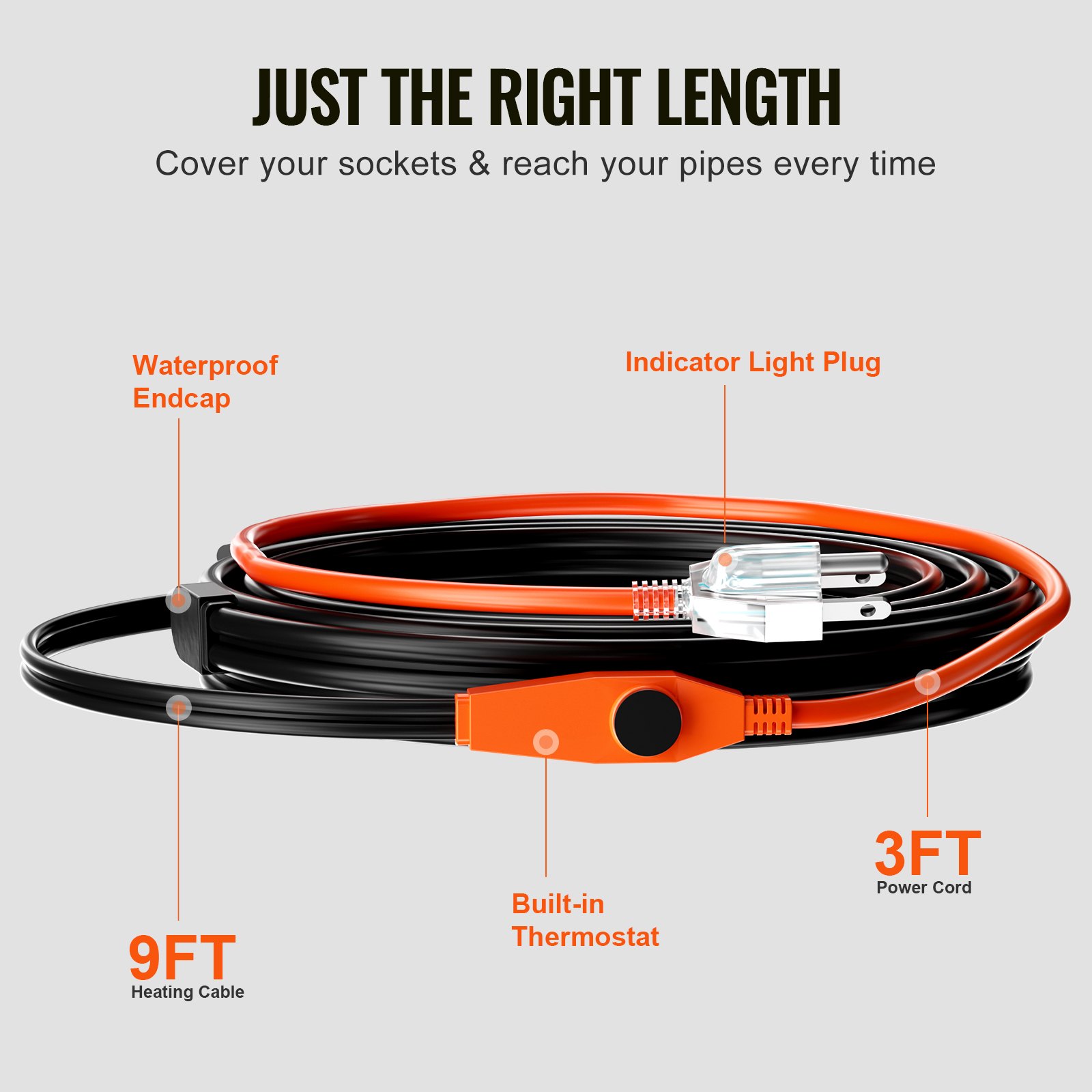 VEVOR Heated Cable for Pipes – 9FT Heat Tape with Thermostat
