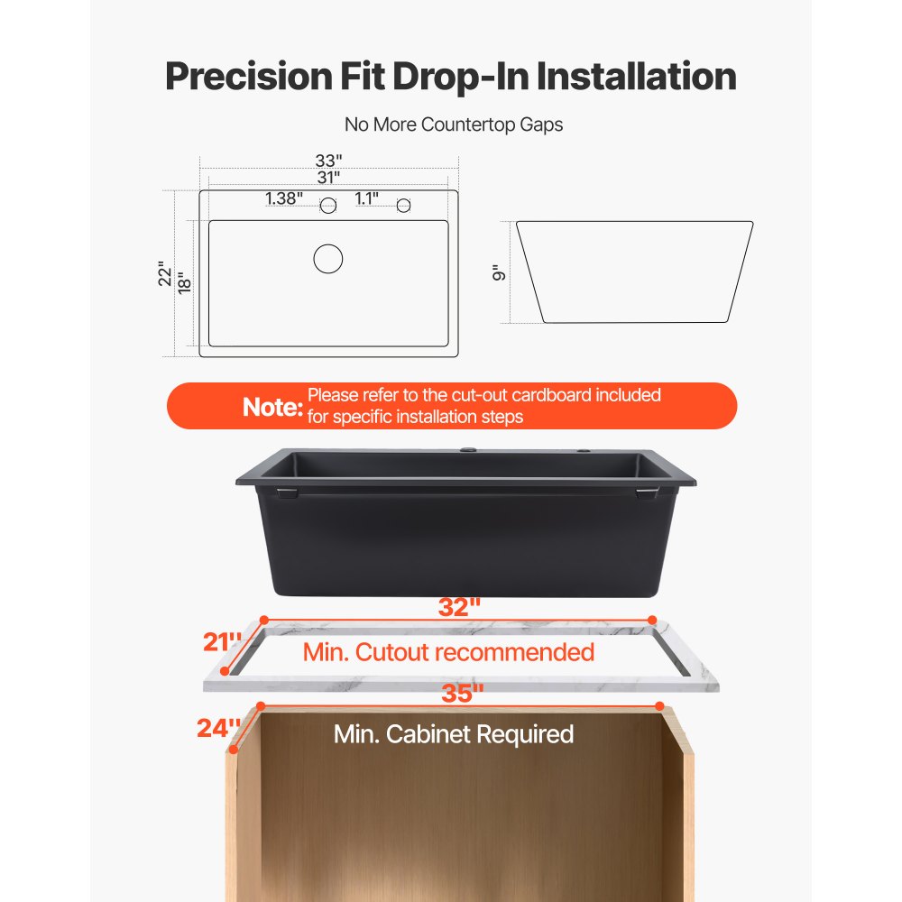 VEVOR Single Basin Drop In Kitchen Sink – 33x22x9 Inches