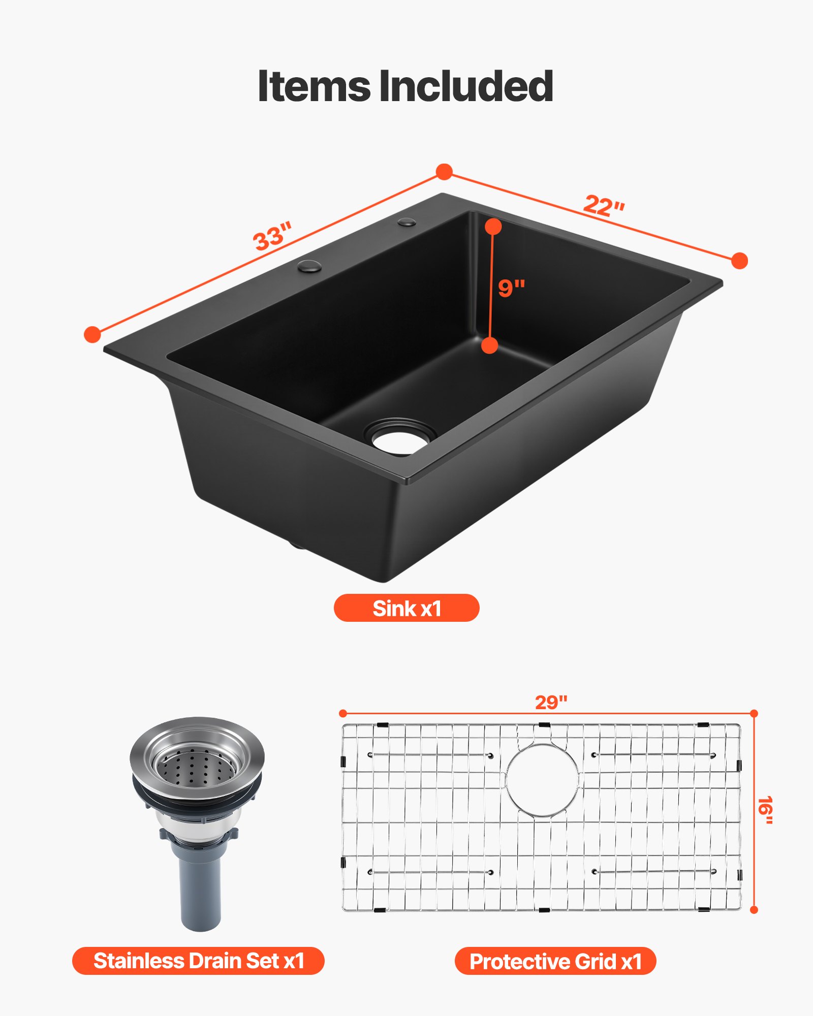VEVOR Single Basin Drop In Kitchen Sink – 33x22x9 Inches