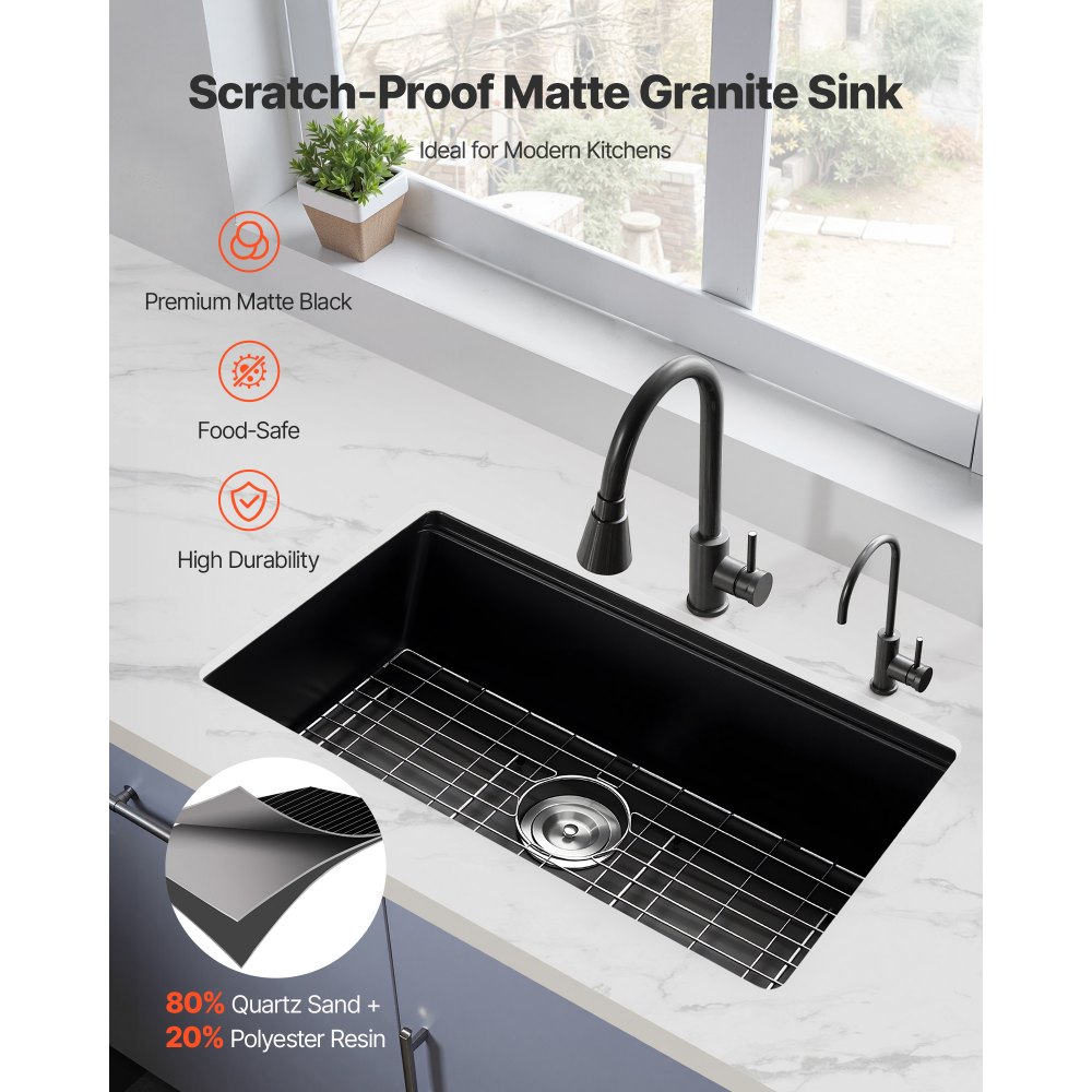 VEVOR Black Granite Kitchen Sink — Non-Porous Matte Finish