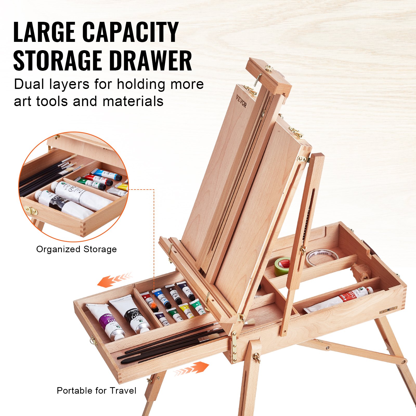 VEVOR French Box Easel – Adjustable, 34" Beechwood