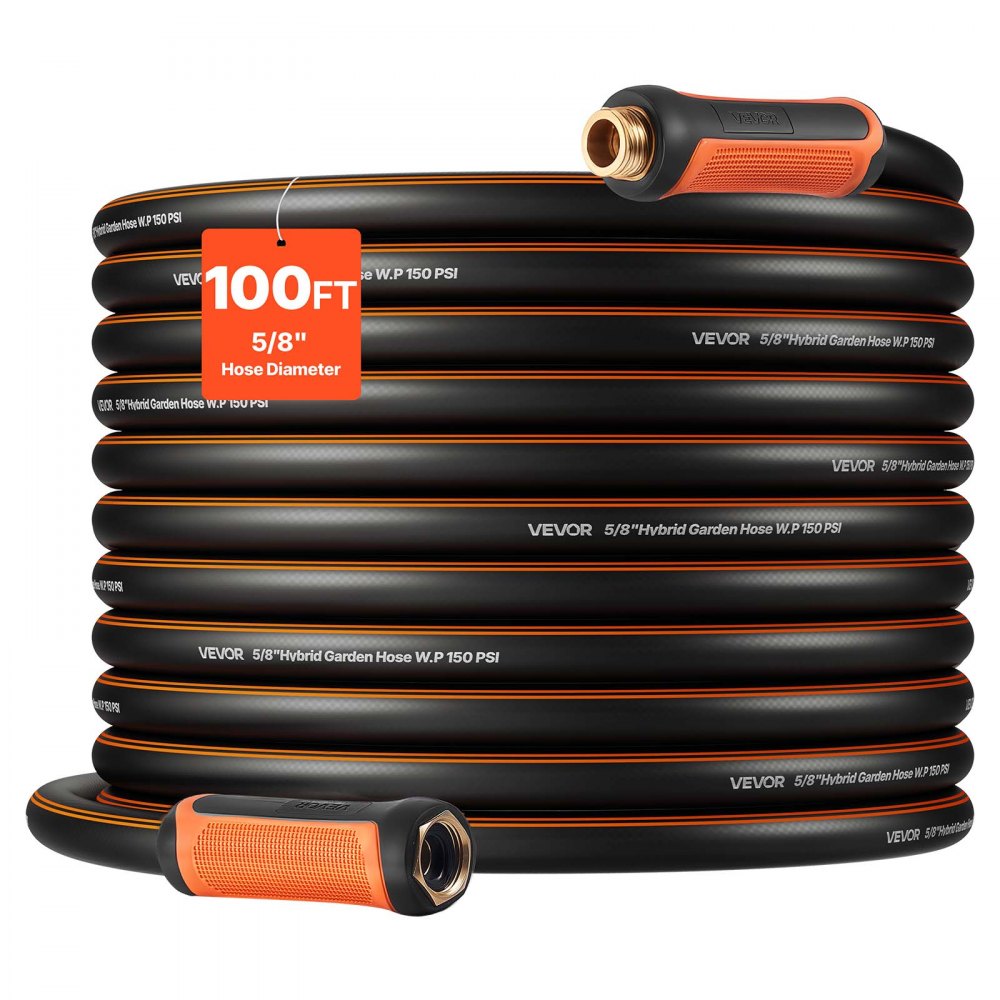 VEVOR Garden Hose, 100 ft 5/8" Heavy Duty 4-Layer Rubber Water Hose ...
