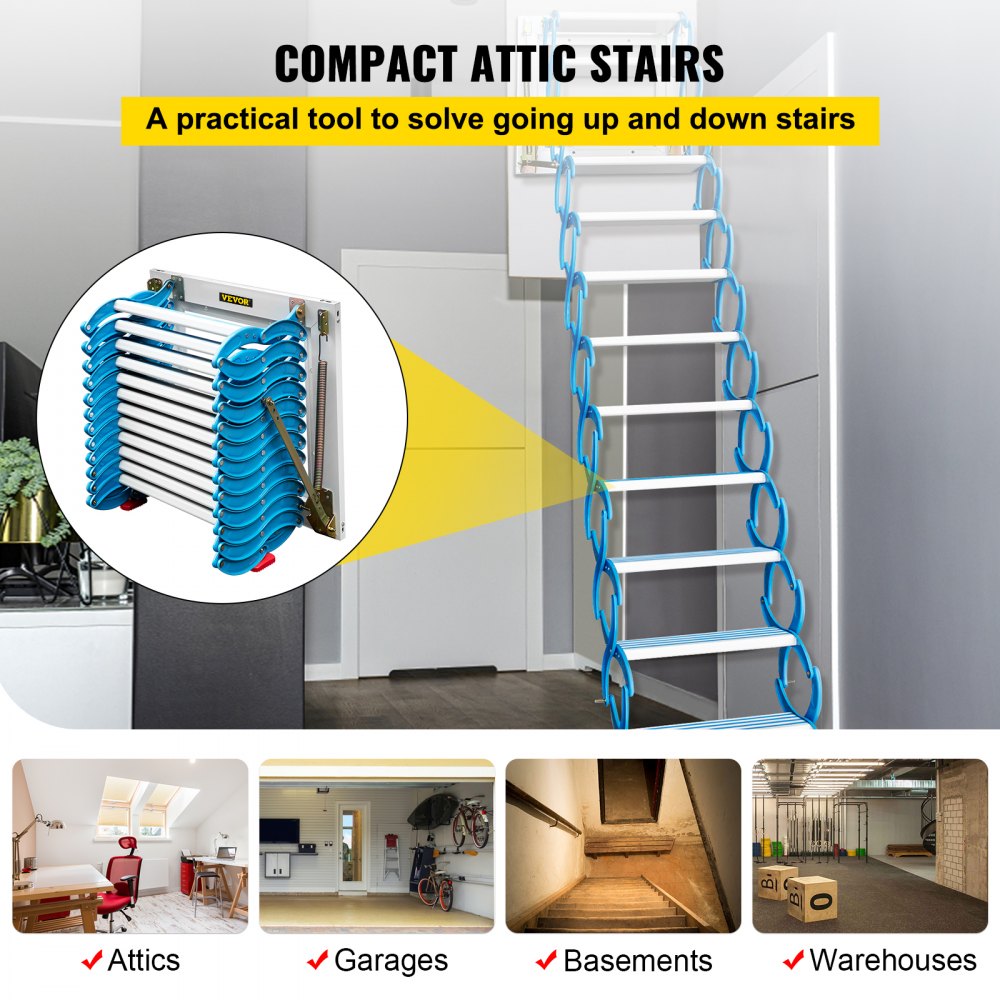 VEVOR Attic Steps Pull Down 12 Steps Attic Stairs, Alloy Attic Access ...