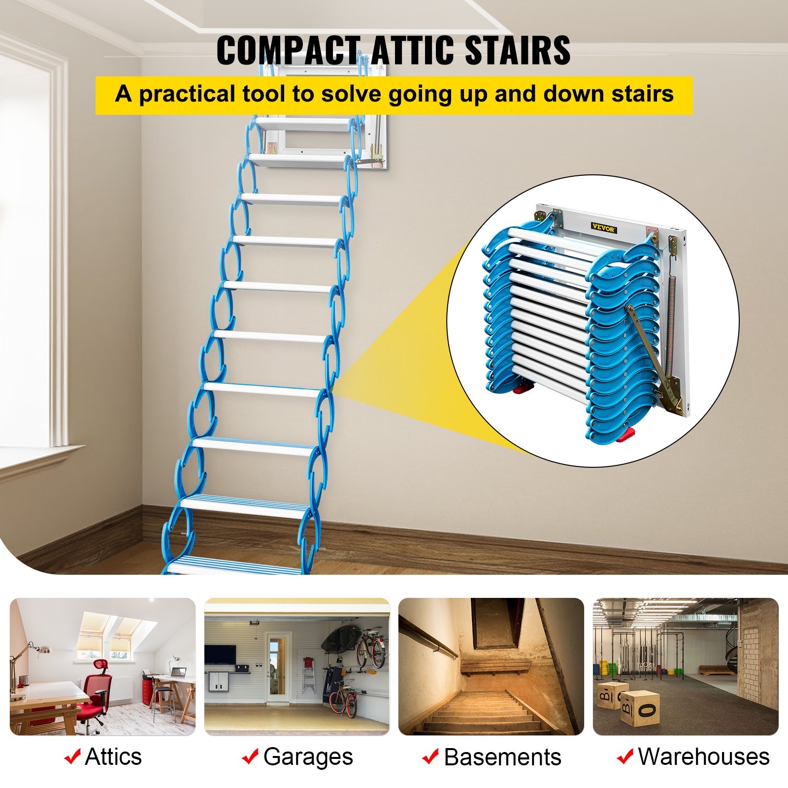 VEVOR Attic Steps Pull Down 12 Steps Attic Stairs, Alloy Attic Access ...