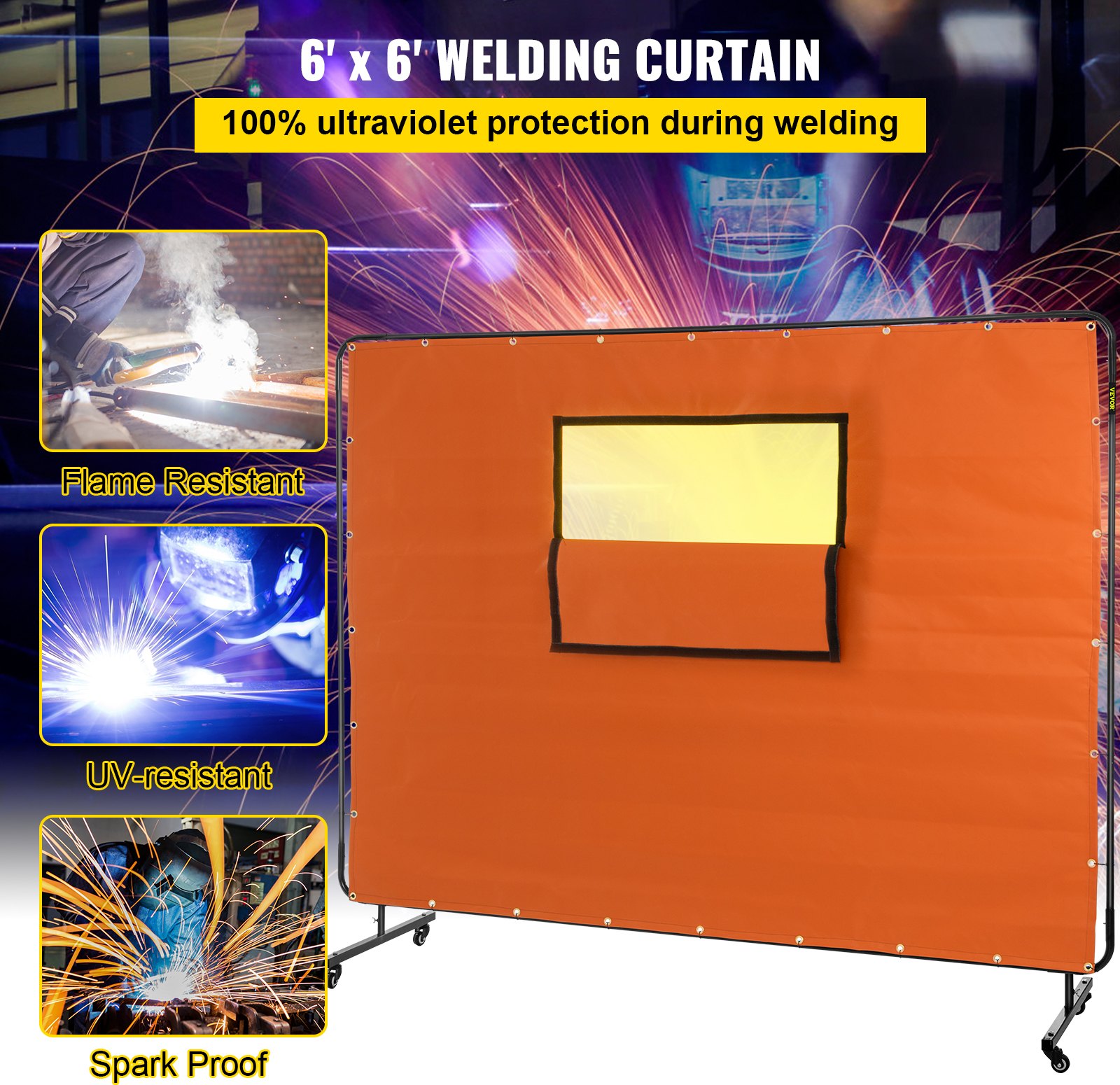 VEVOR Welding Curtain, 6' x 8', Welding Screen with Metal Frame & 4 ...