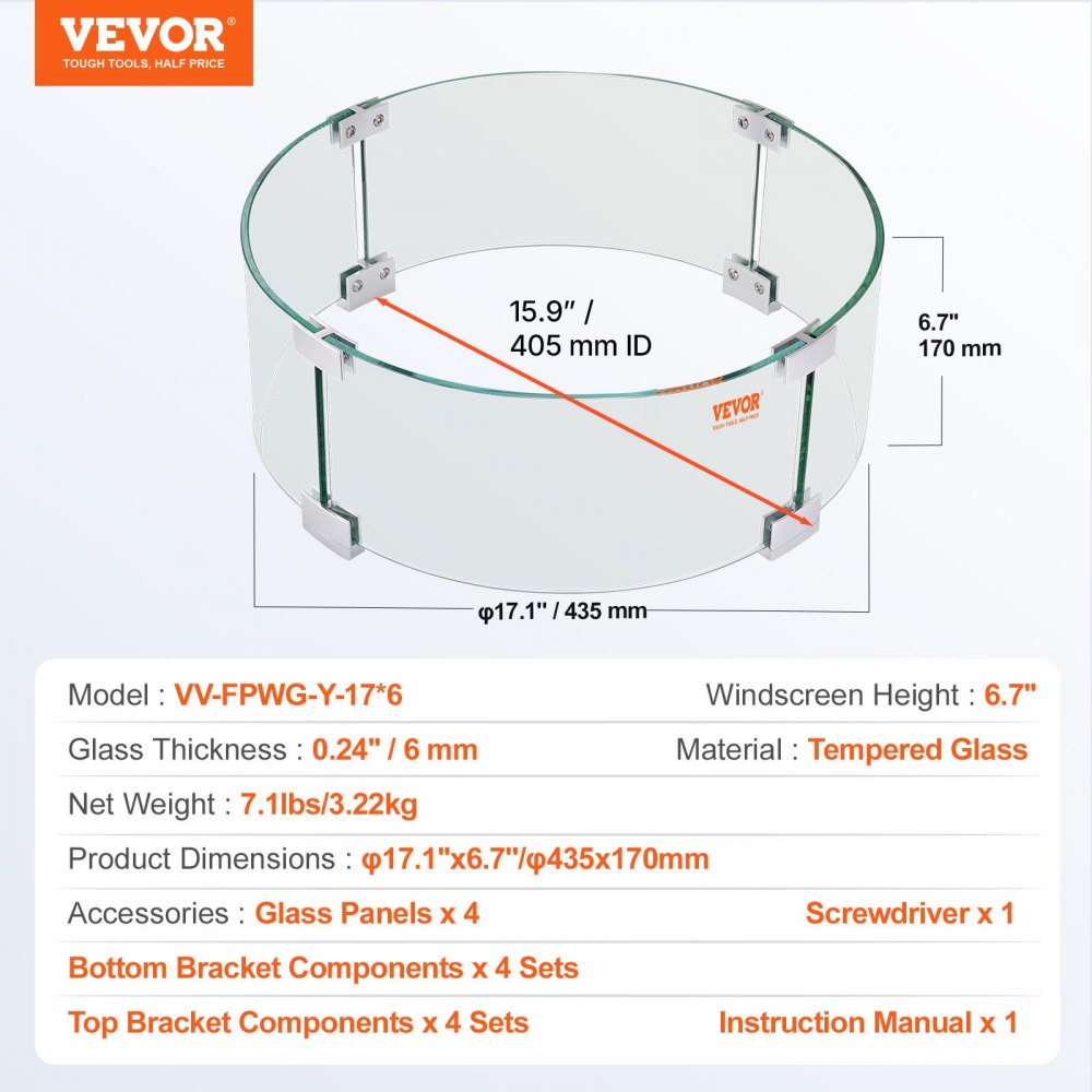 VEVOR Fire Pit Wind Guard, 17 x 6.7 inch Round Glass Flame Shield, 0.24 ...