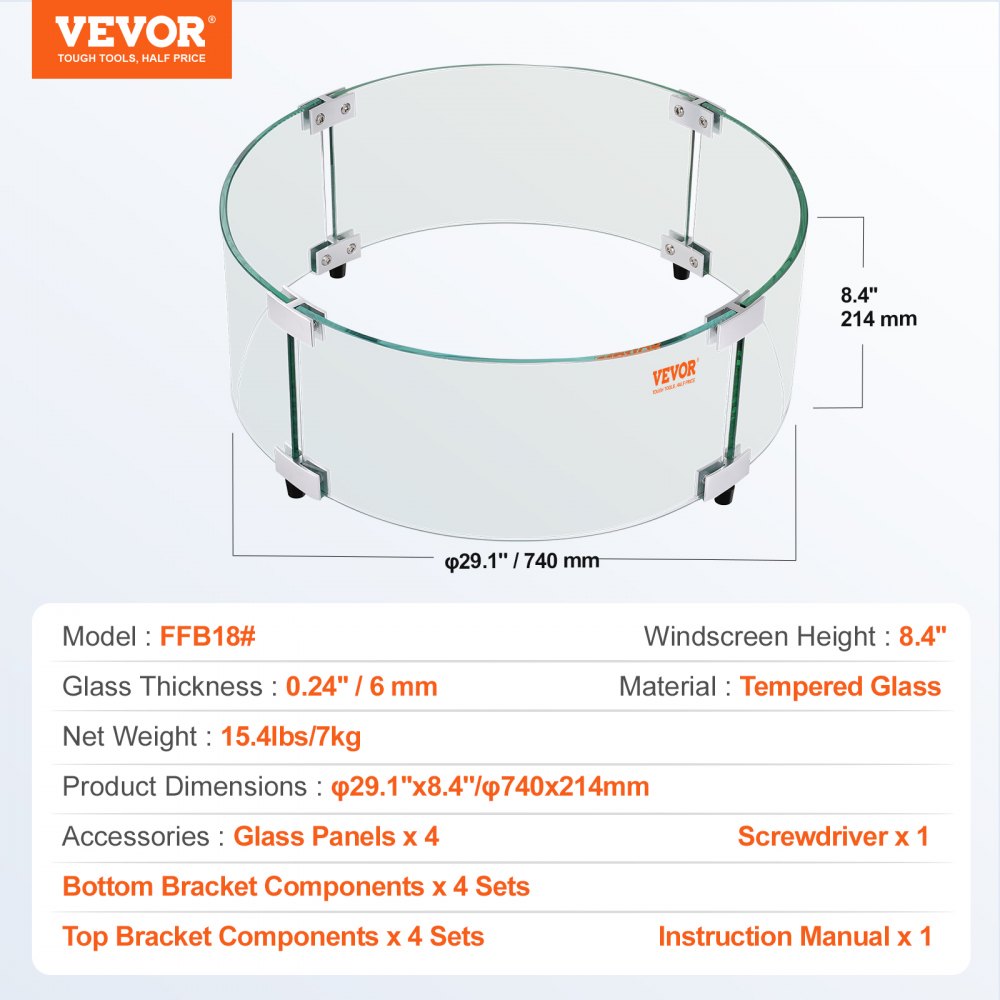 VEVOR Fire Pit Wind Guard, 29 x 8 inch Round Glass Flame Shield, 0.24 ...
