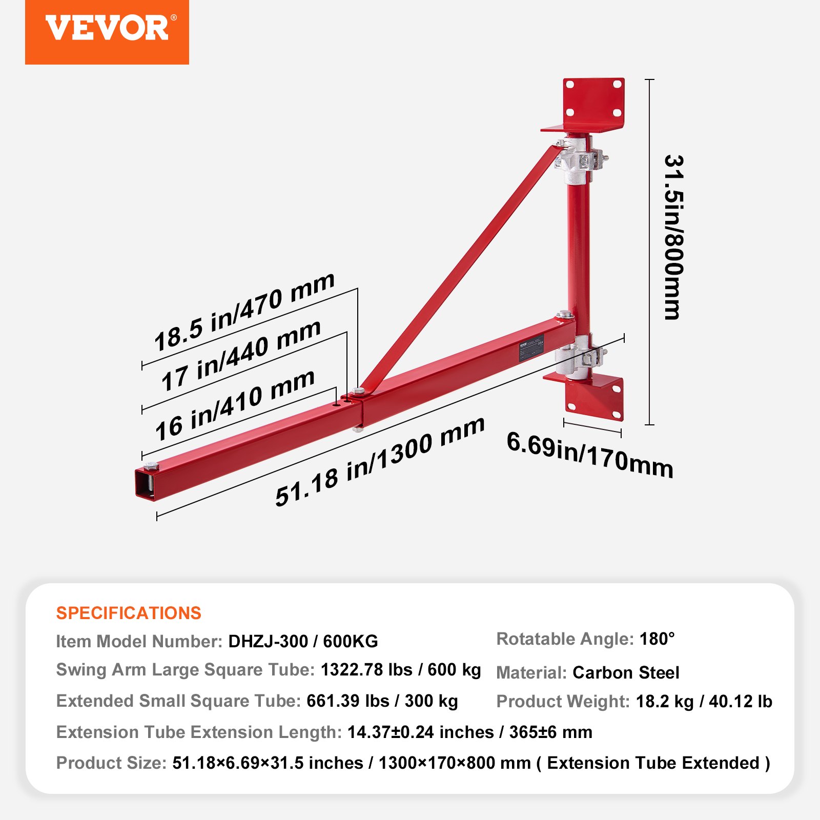 VEVOR Electric Hoist Support Arm, 1320 lbs Max Load Capacity, Electric ...