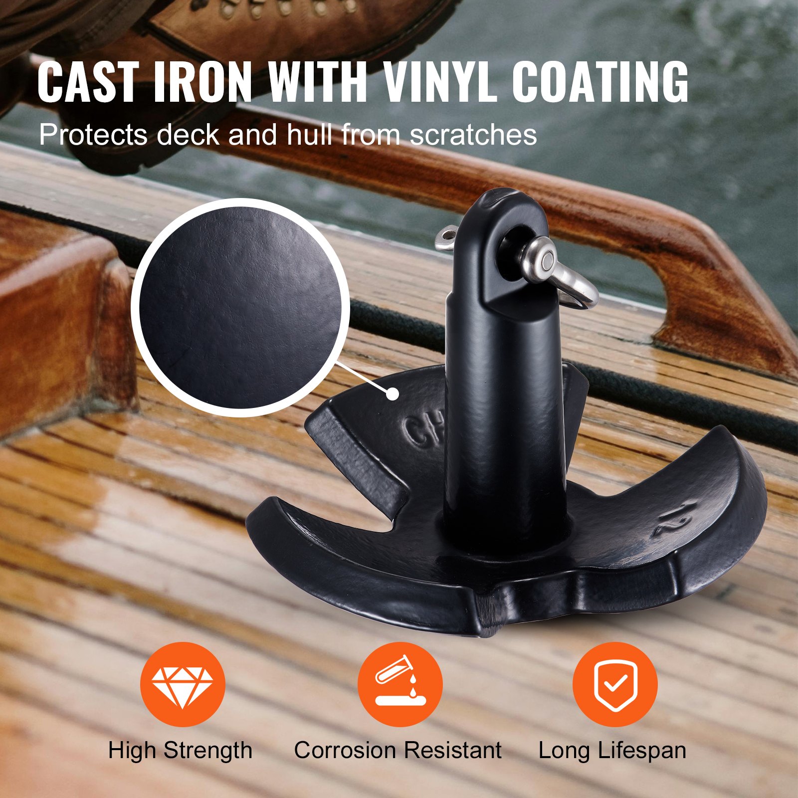 VEVOR River Anchor, 12 LBS Boat Anchor Cast Iron Black Vinyl-Coated ...