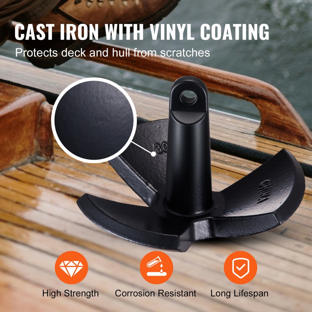 VEVOR River Anchor, 30 LBS Boat Anchor Cast Iron Black Vinyl-Coated ...