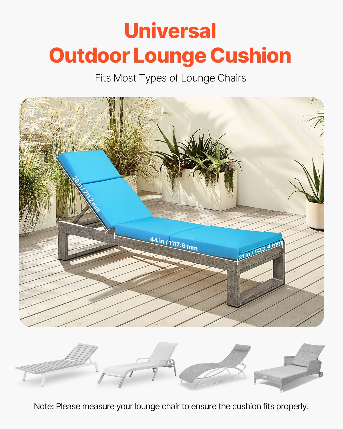 VEVOR Chaise Lounge Cushion, 72 x 21 x 4 in, Set of 2 Outdoor Lounge ...