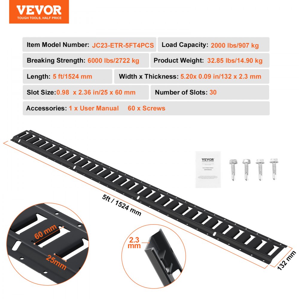 VEVOR E Track Tie Down Rail Kit, 5' Steel Rails, 4 Pack, Secure Cargo ...