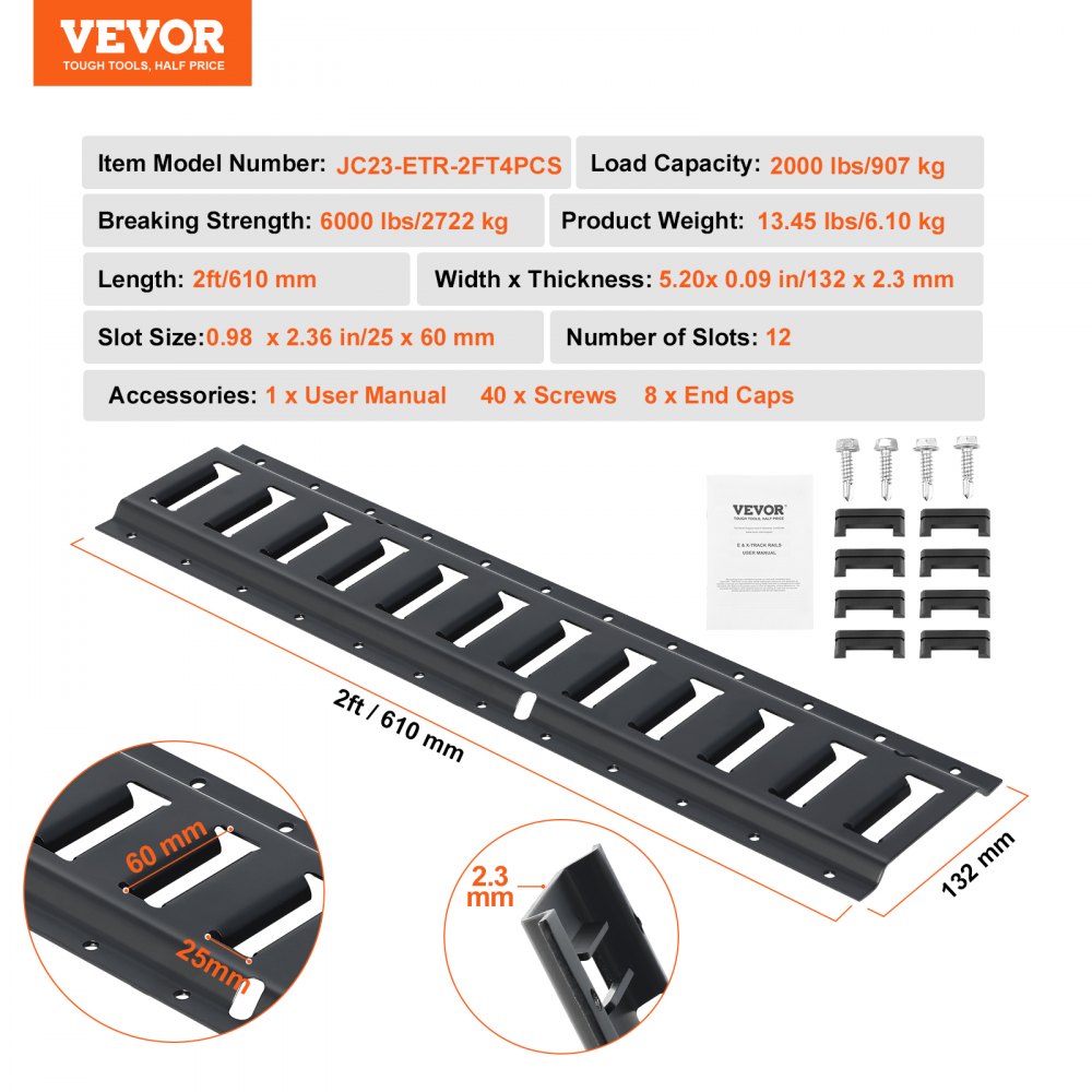 VEVOR E Track Tie Down Rail Kit, 2' Steel Rails, 4 Pack, Secure Cargo ...