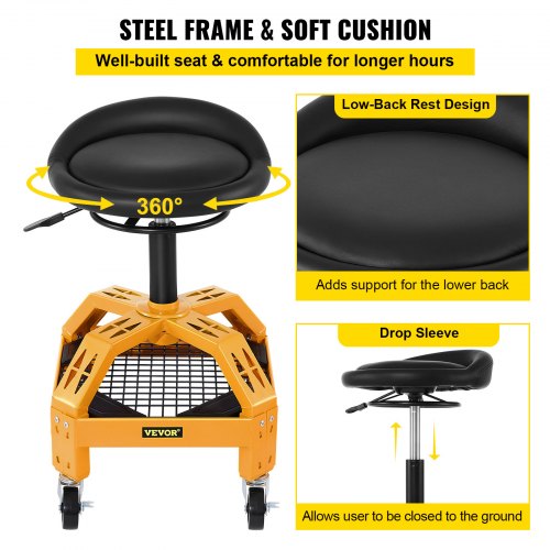 VEVOR Rolling Garage Stool, 300LBS Capacity, Adjustable Height from 24 ...