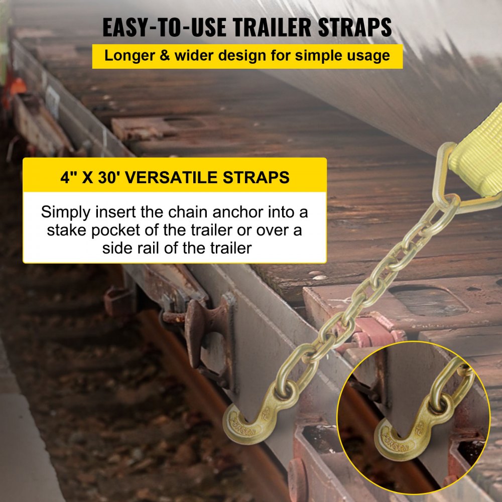 VEVOR Truck Straps, 4"x30' Winch Straps w/Chain Anchor, Flatbed Tie ...