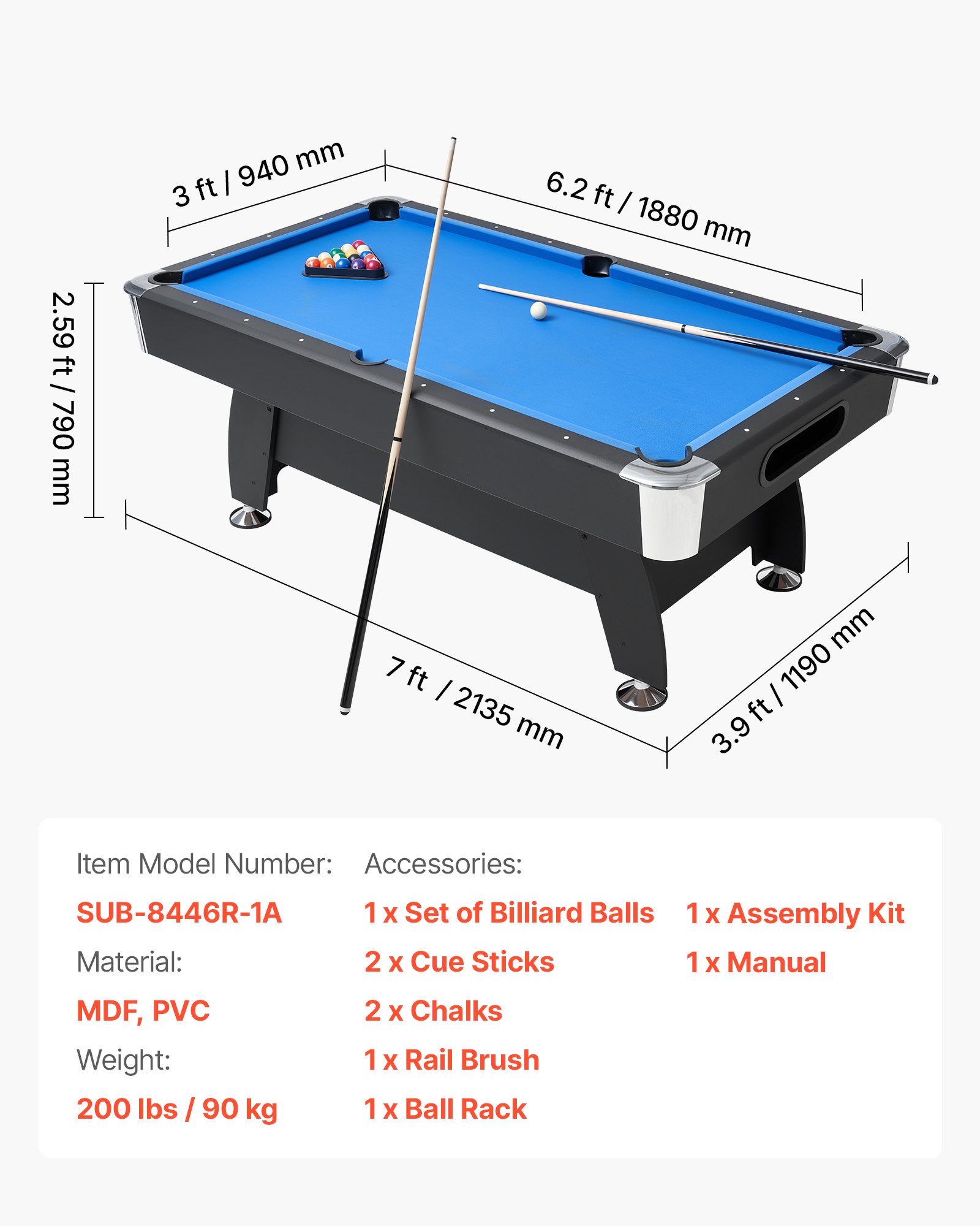 VEVOR Pool Table, 7 ft Portable Billiards Tables, Adjustable Feet ...