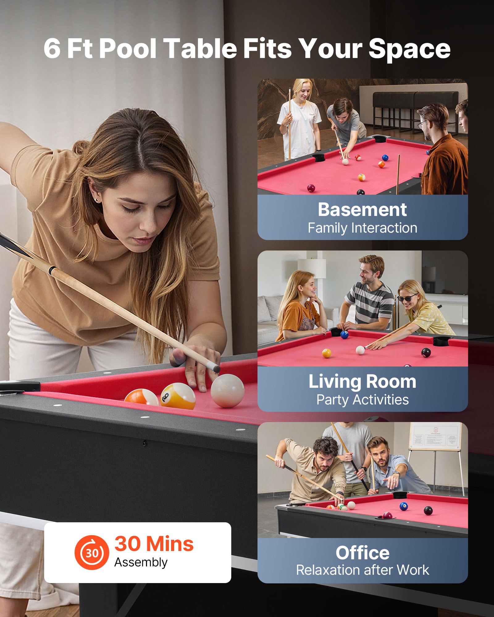 VEVOR Pool Table, 6 ft Portable Billiards Tables, Adjustable Feet ...