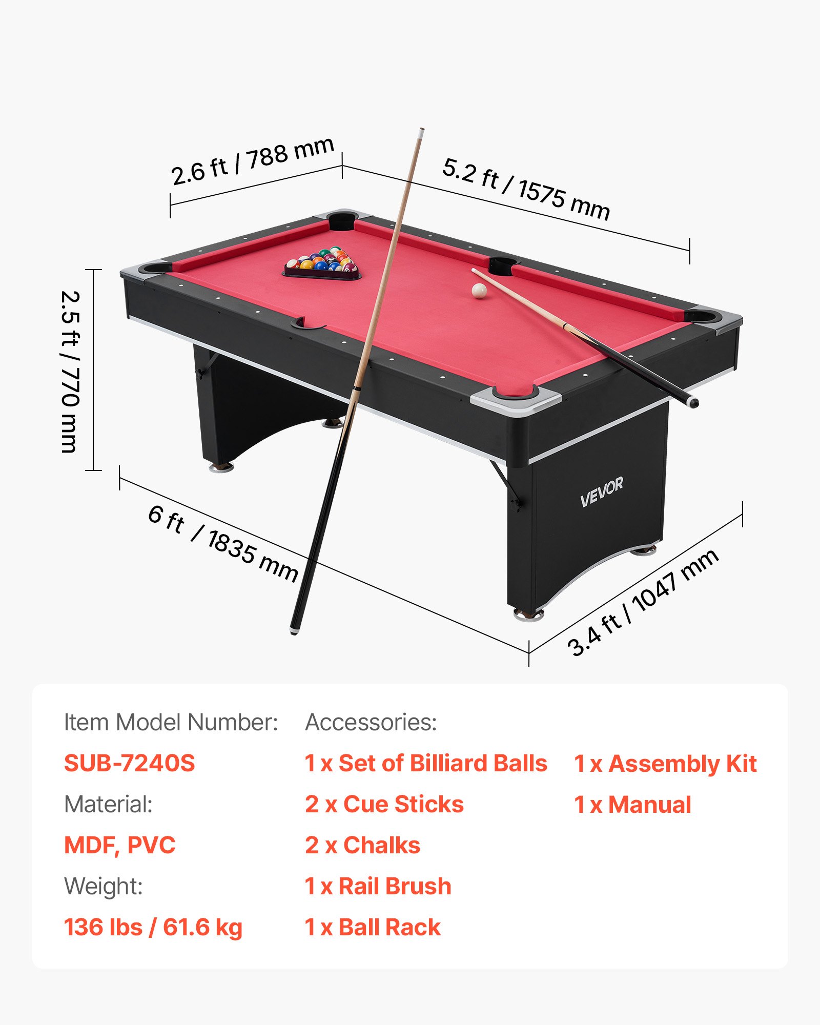 VEVOR Pool Table, 6 ft Portable Billiards Tables, Adjustable Feet ...