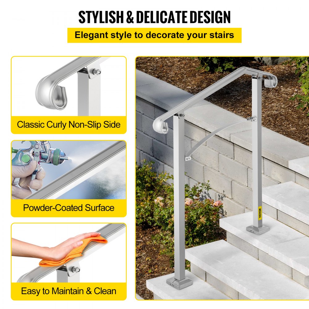 VEVOR Outdoor Stair Railing, Fit 2 or 3 Steps Alloy Metal Handrailing ...