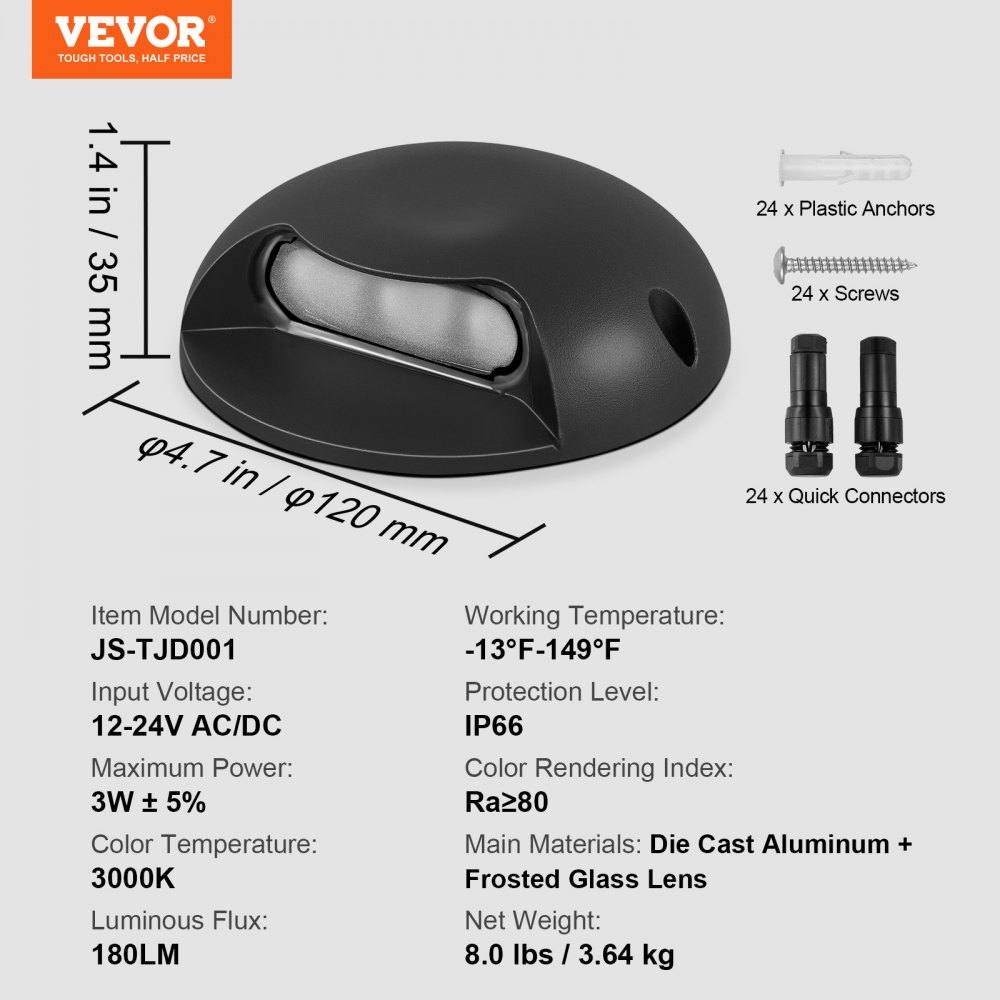 VEVOR Low Voltage Deck Lights, 3W 12V-24V LED Hardscape Lighting, IP66 ...