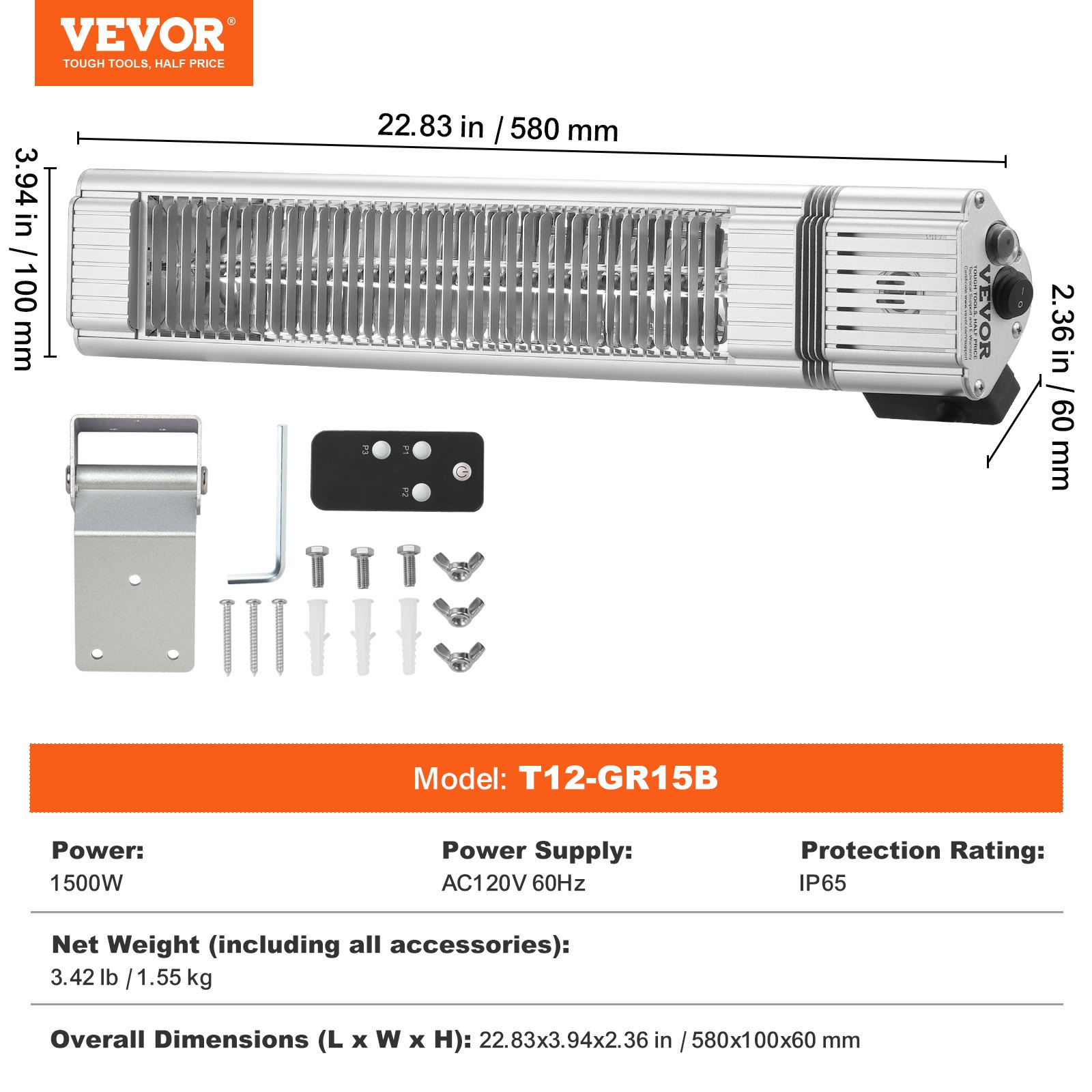 VEVOR Infrared Heater, 1500W Remote Control Electric Space Infrared ...